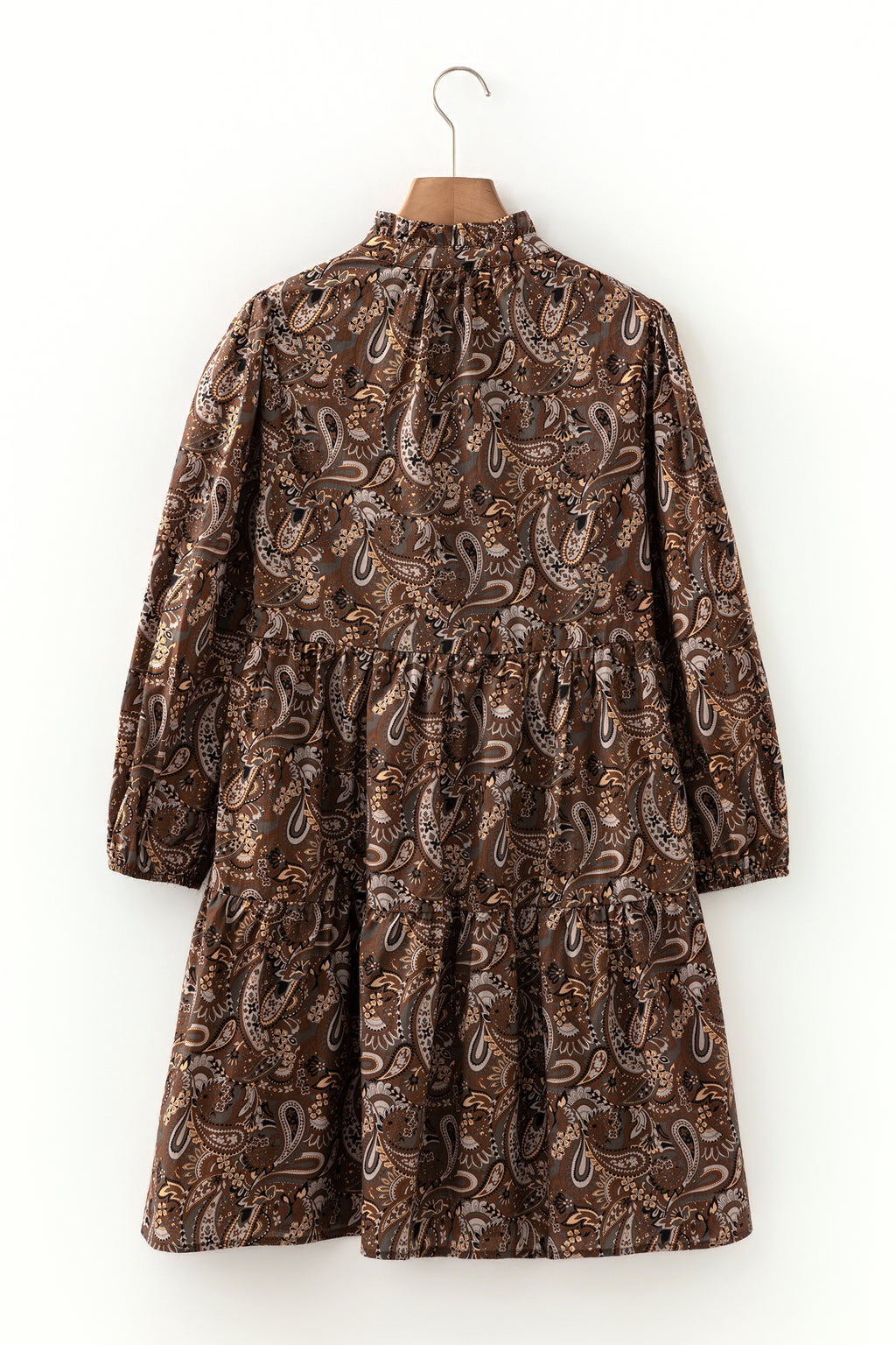 Brown Paisley Print Half Buttons Puff Sleeve Flowy Short Dress ...