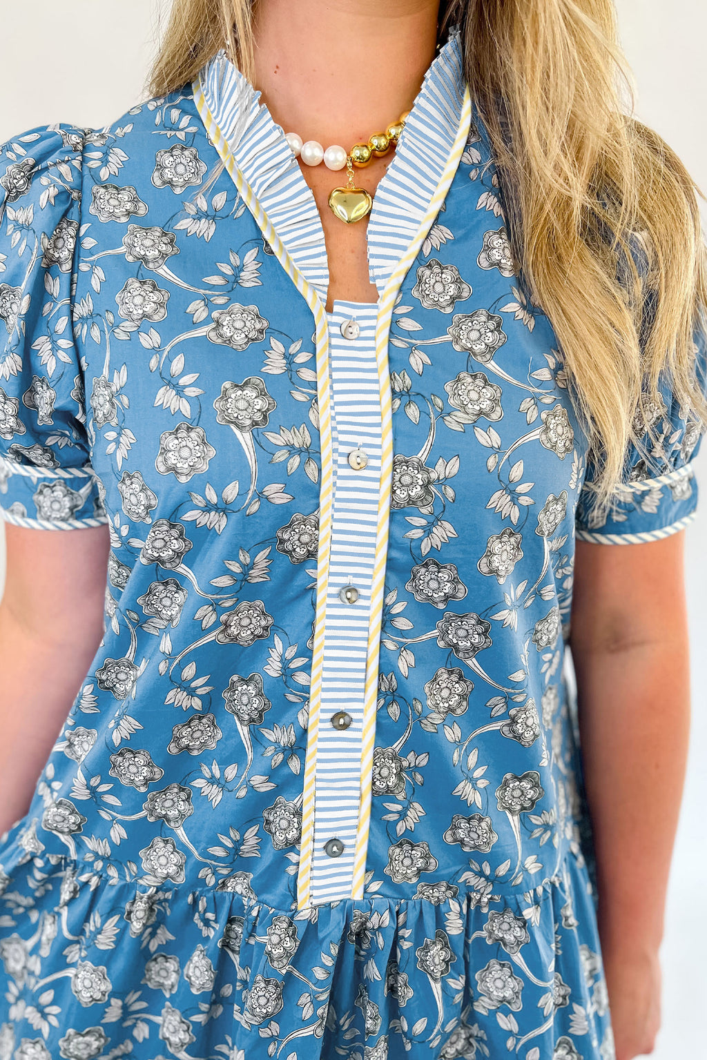 Blue Plus Size Floral Print Striped Patchwork Detail Button Front Ruff ...