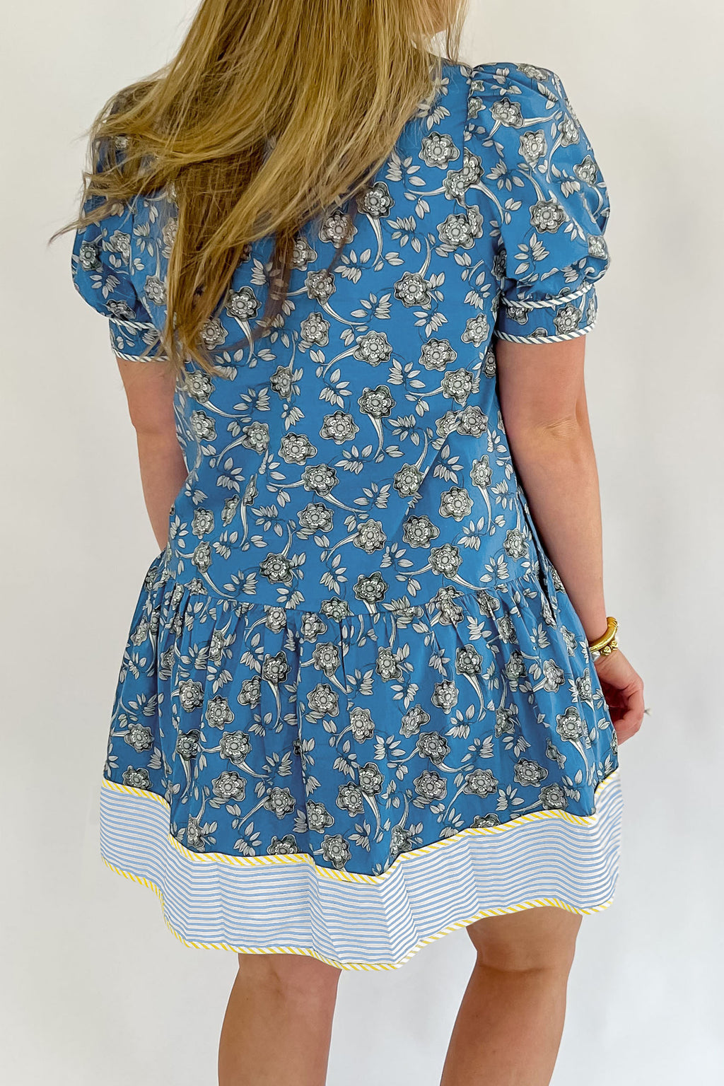 Blue Plus Size Floral Print Striped Patchwork Detail Button Front Ruff ...