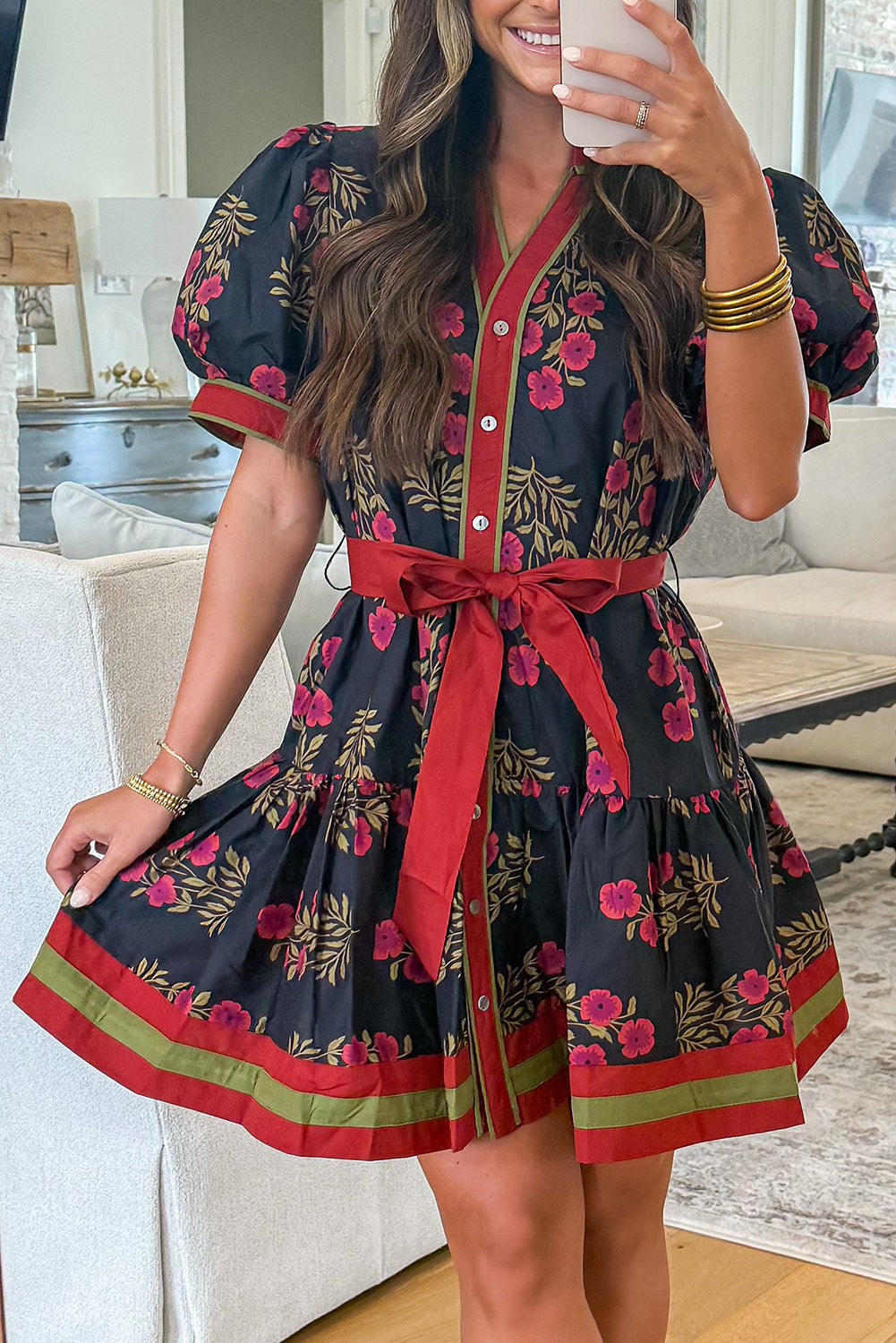 Black Retro Floral Print Button Down Belted Short Puff Sleeve Mini Dre ...