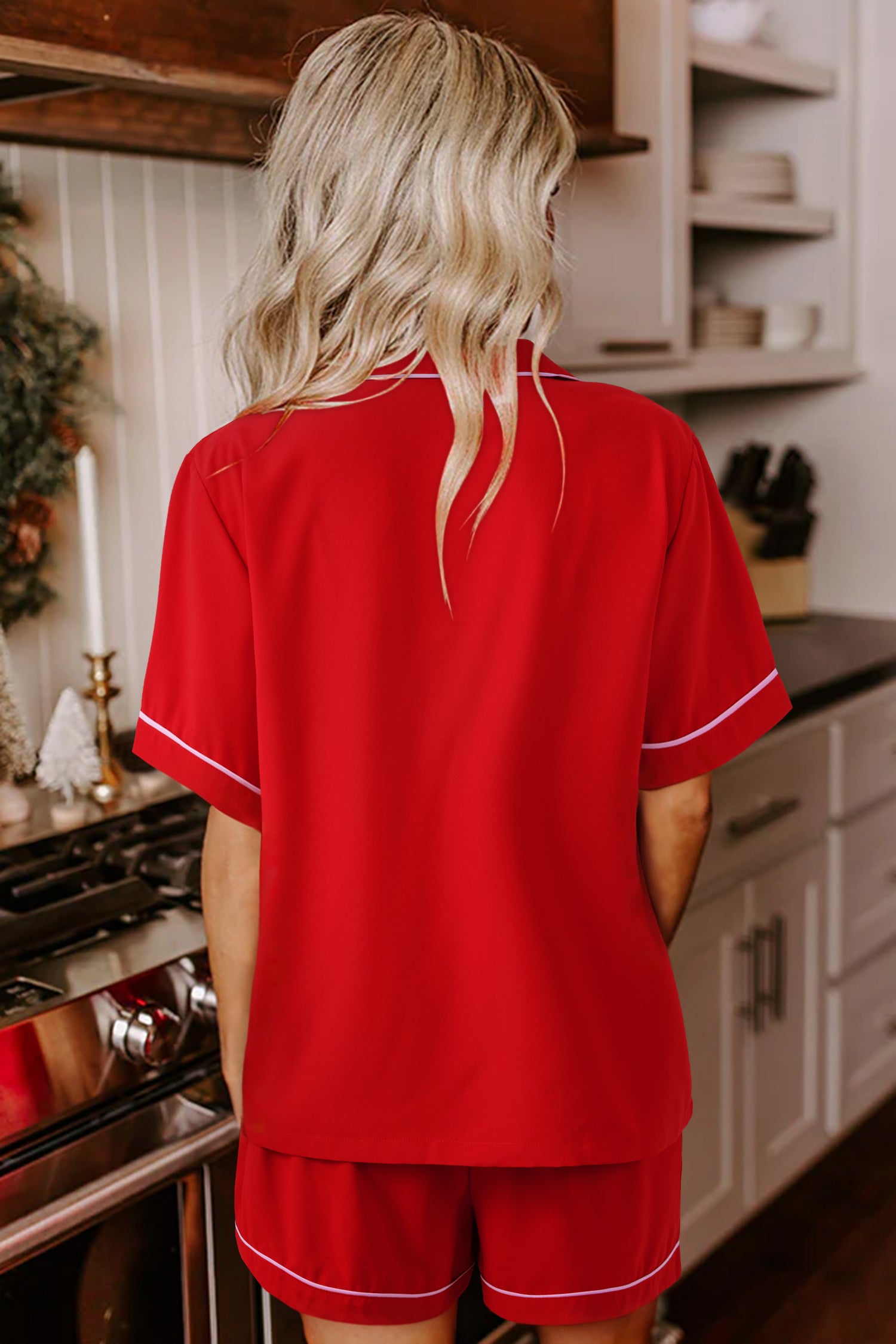 Fiery Red Contrast Trim Ribbon Bow Short Silky 2pcs Pajama Set ...