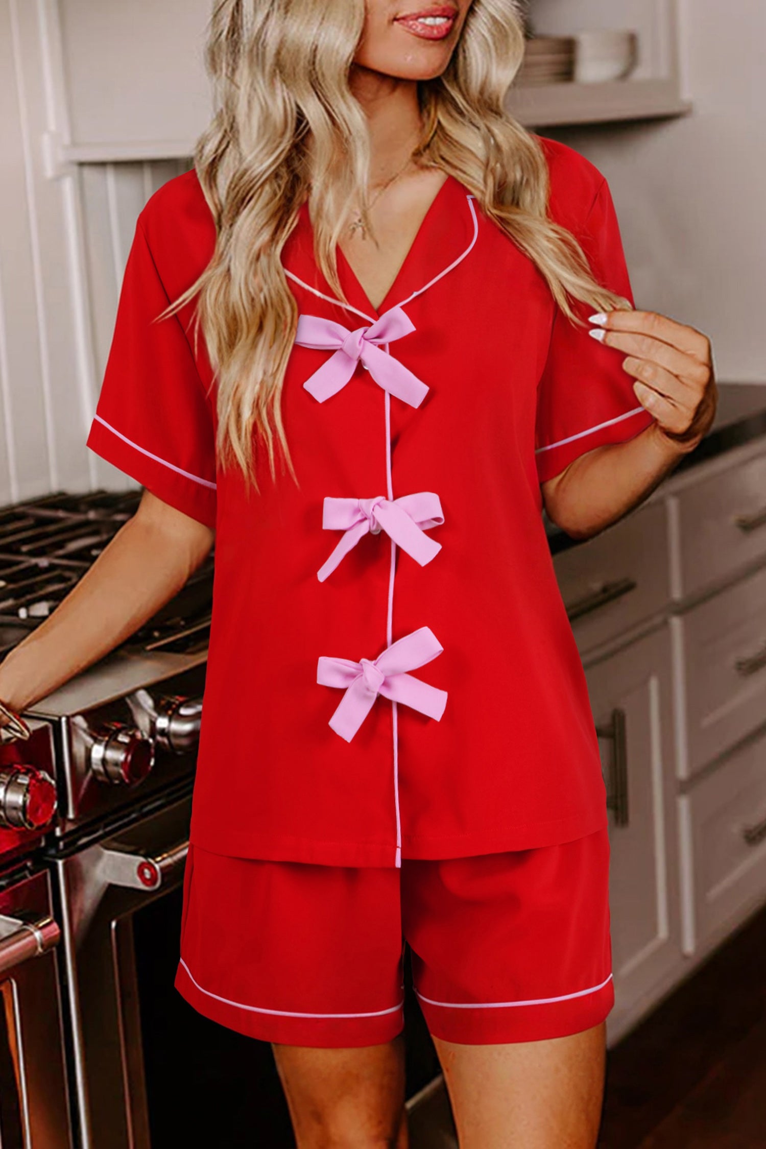 Fiery Red Contrast Trim Ribbon Bow Short Silky 2pcs Pajama Set ...