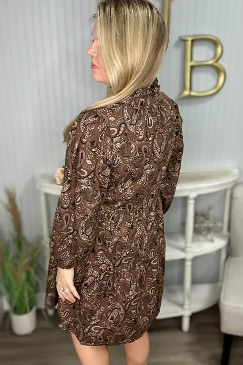 Brown Paisley Print Half Buttons Puff Sleeve Flowy Short Dress ...